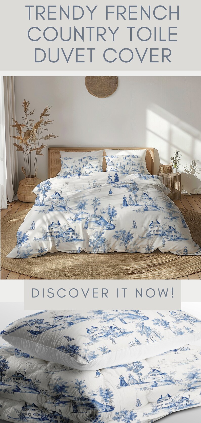 Custom French Country Duvet Cover Blue Toile Cotton Bedding ...
