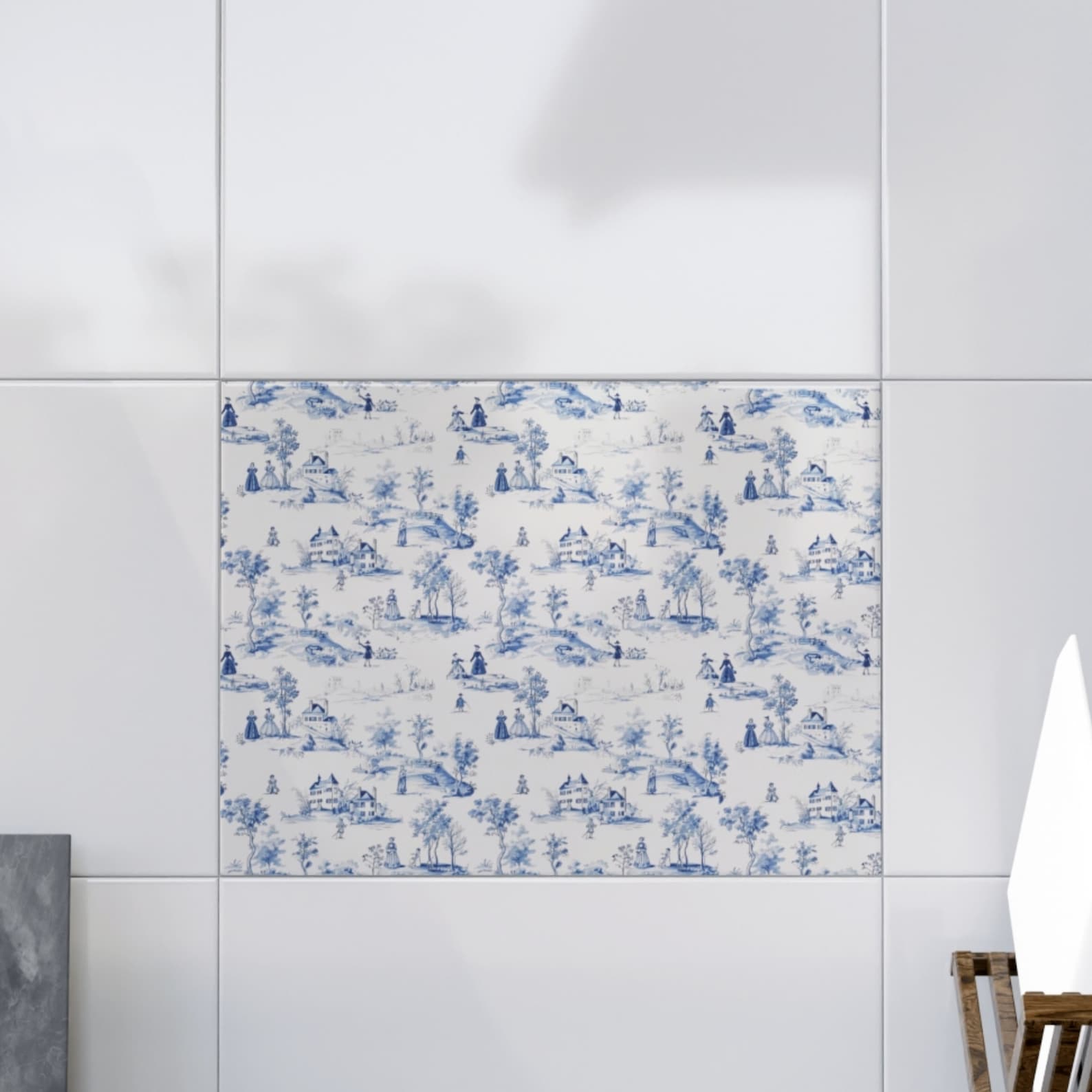 Ceramic Tile Blue French Toile Kitchen Decor Countryside Bathroom ...