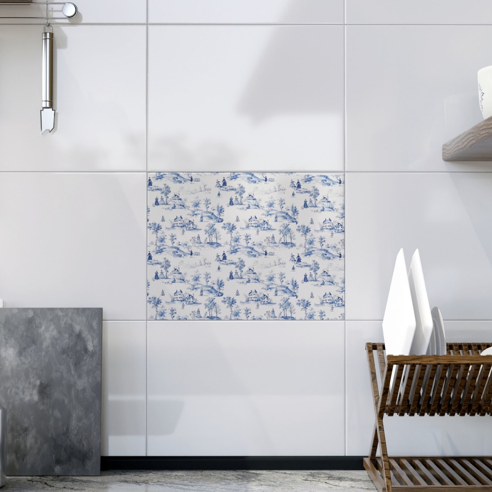 Ceramic Tile Blue French Toile Kitchen Decor Countryside Bathroom ...