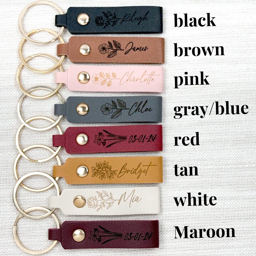 Custom Birth Flower Keychain With Name Personalized Leather Keychain ...