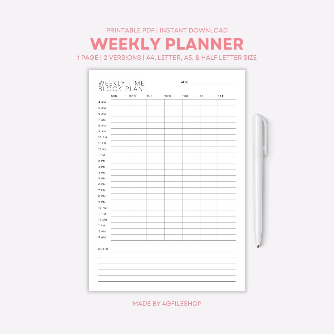 Minimalist 24-hour Weekly Time Block Planner Ver. 1 Printable, Digital ...