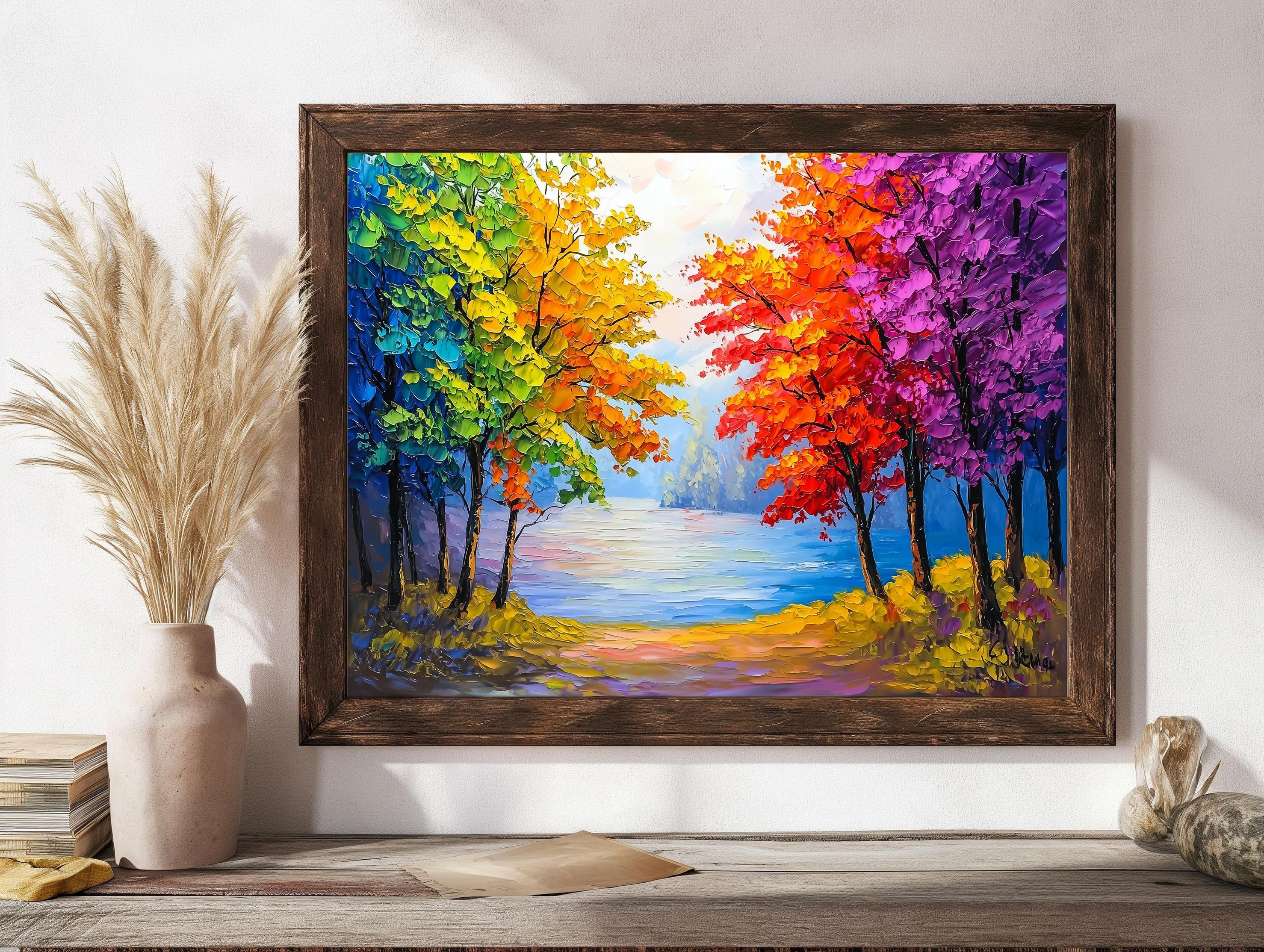 Multi Colored Trees Oil Painting Print, Autumn Home Decor Art, Instant ...