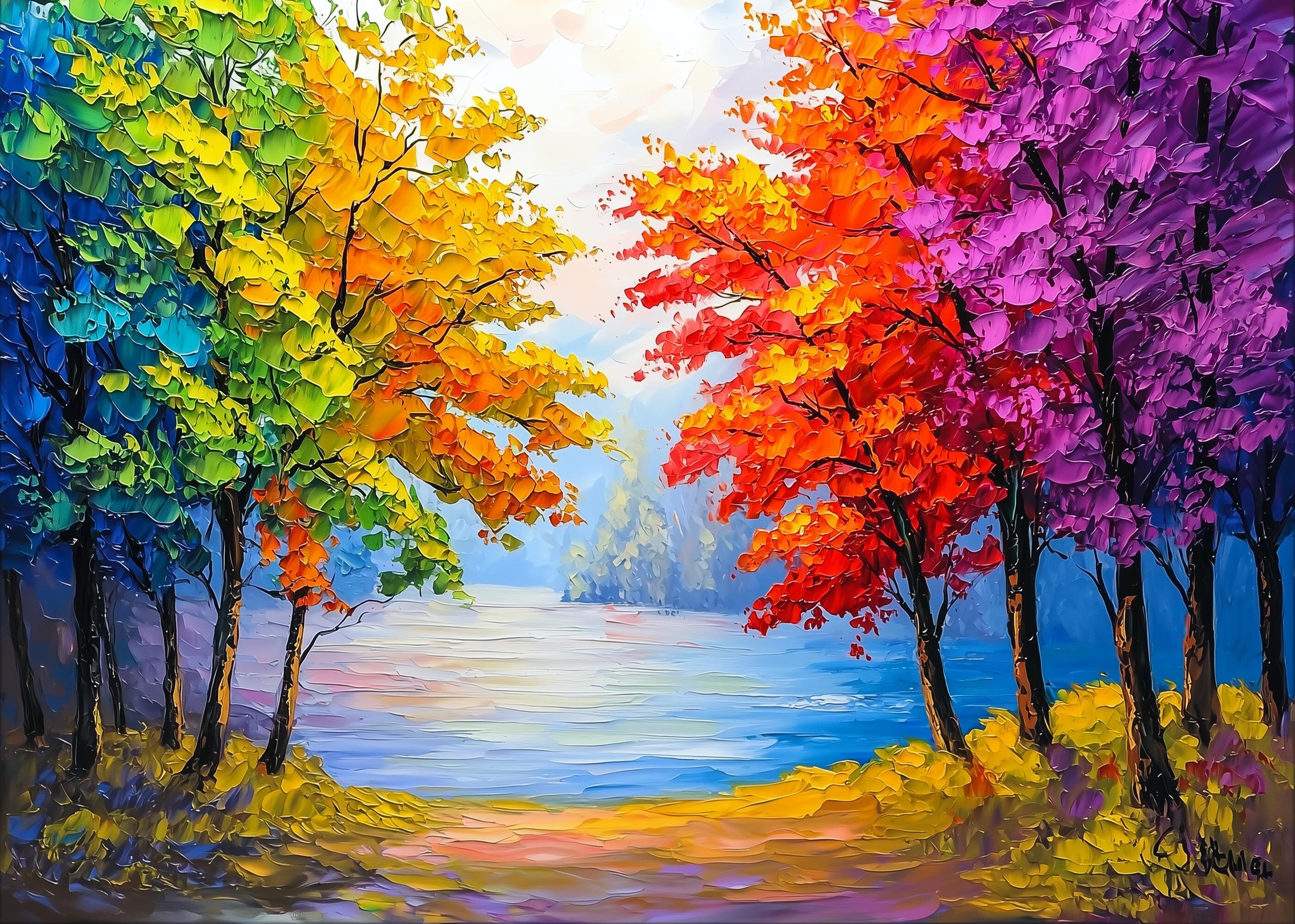 Multi Colored Trees Oil Painting Print, Autumn Home Decor Art, Instant ...