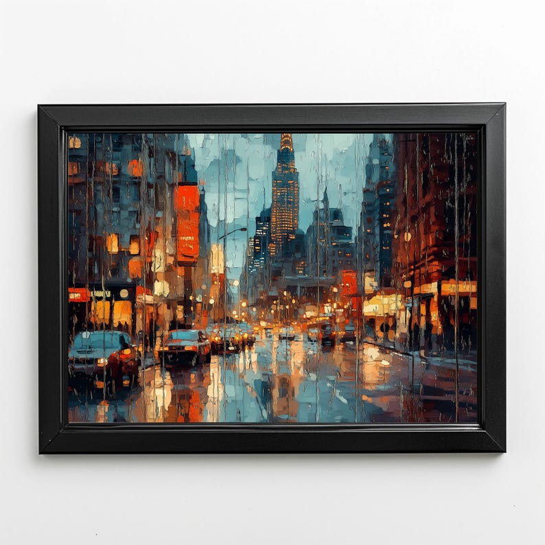 Busy City Oil Painting Digital Print, Busy Street, Raining, Night ...