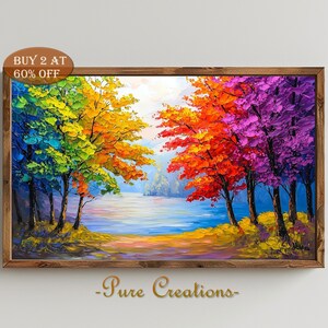 Multi Colored Trees Oil Painting Print, Autumn Home Decor Art, Instant ...