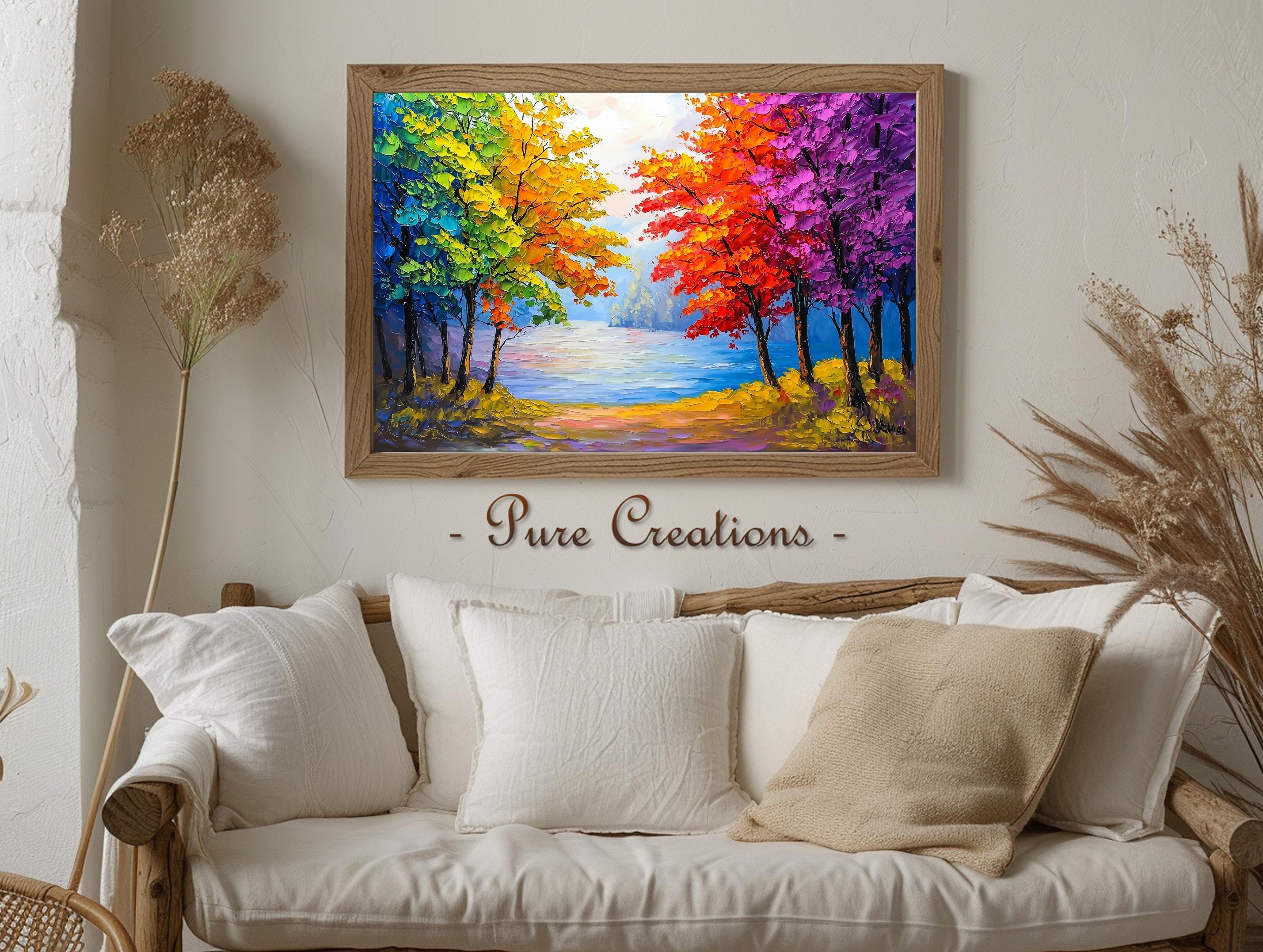 Multi Colored Trees Oil Painting Print, Autumn Home Decor Art, Instant ...