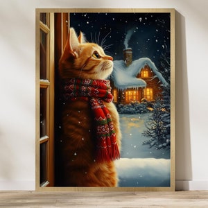 Orange Cat in Scarf Art, Holiday Wall Decor, Festive Cat Wall Art ...