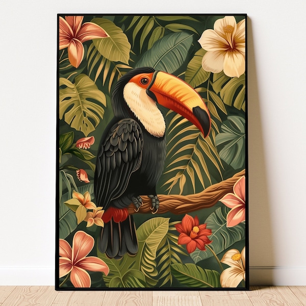 Colorful Toucan and Flowers Poster, Oil Painting, Colorful Tropical ...