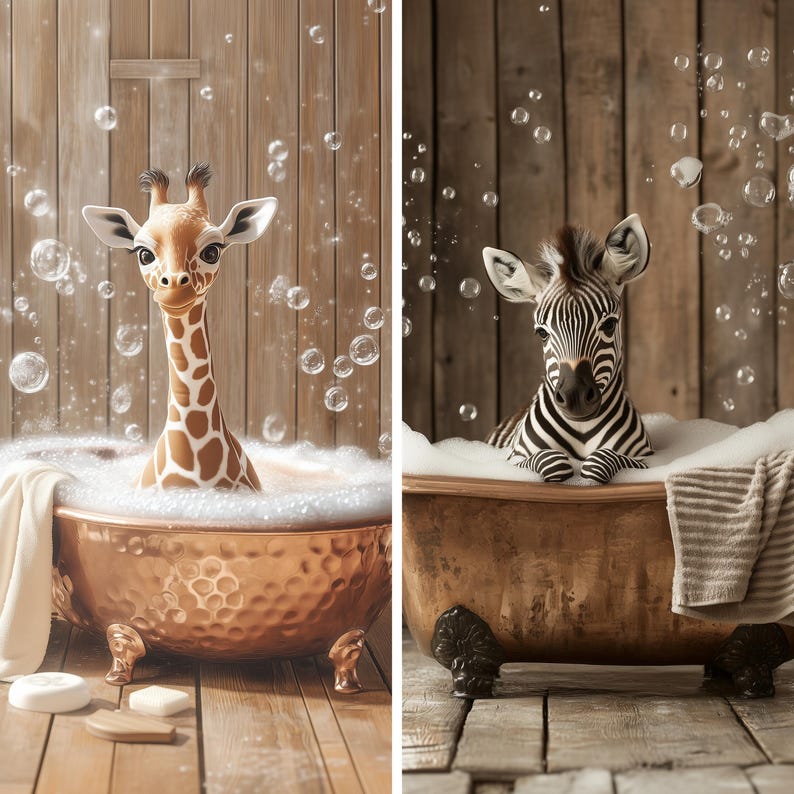 Animal in Bathtub Print, Funny Bathroom Wall Decor, Nursery Animal ...