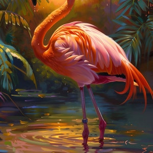Flamingo Sunset Poster, Oil Painting, Printable Flamingo Wall Art ...