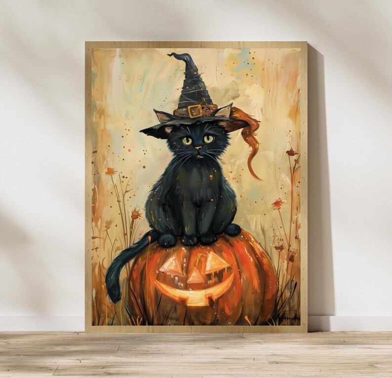 Halloween Black Cat Art, Halloween Oil Painting, Halloween Pumpkin Art ...