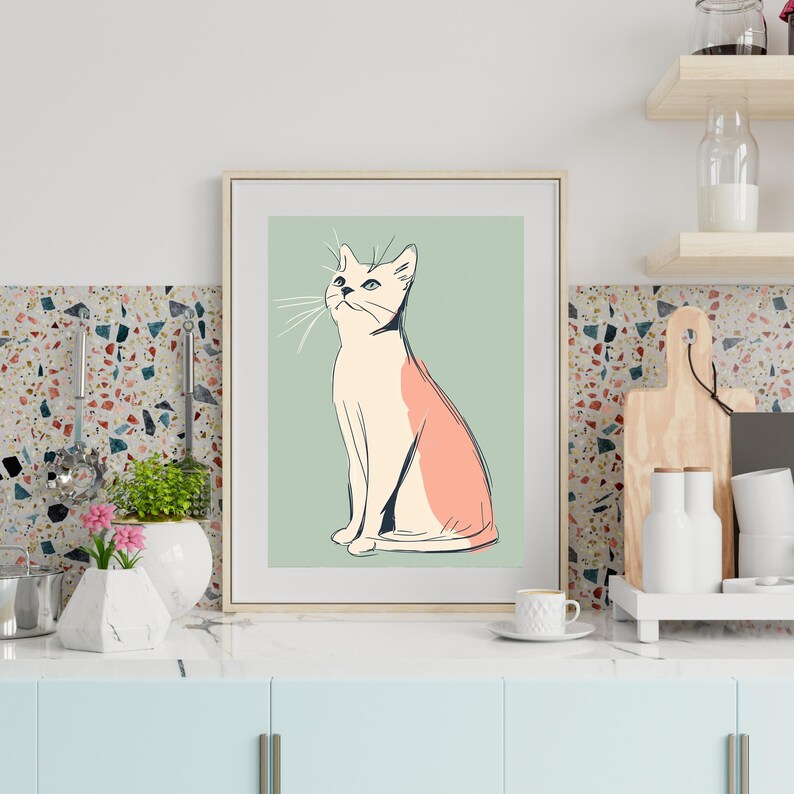 Minimalist Cat Art, Modern Cat Wall Art, Pastel Colored Cat ...