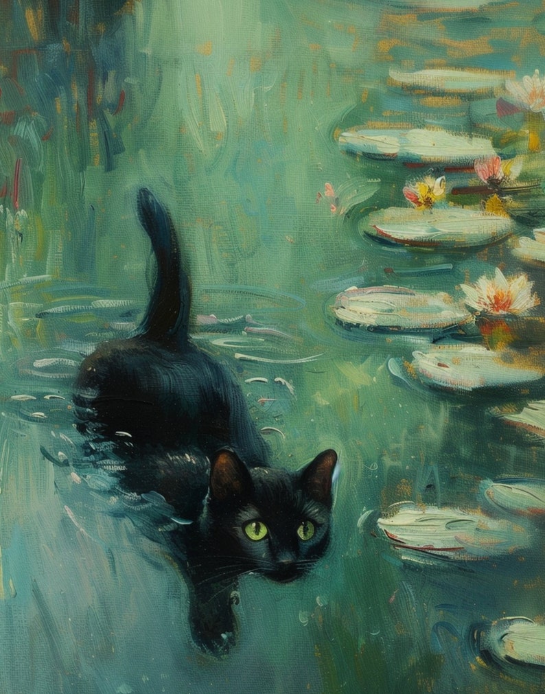Cat Print Monet Black Cat Poster Wall Art, Oil Painting, Monet Cat ...