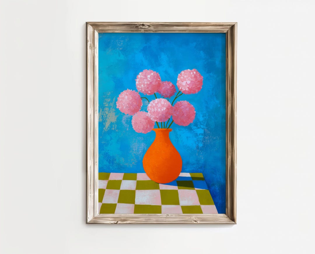 Modern Pink Flower Art Print – Bold Orange Vase Wall Decor – Colorful ...