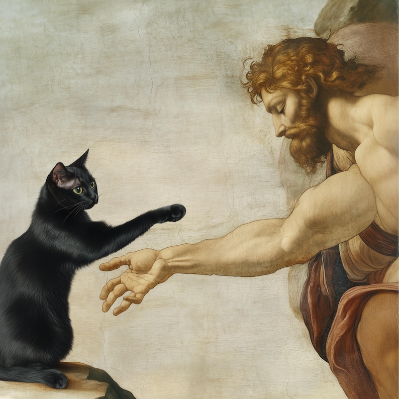 Creation of Adam With Black Cat – Classical Art Parody Poster, Funny ...