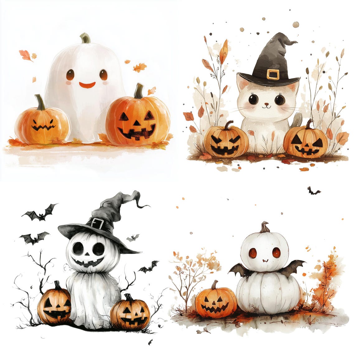 Watercolor Cute Halloween Collection Clipart, 16 PNG Halloween Clipart ...