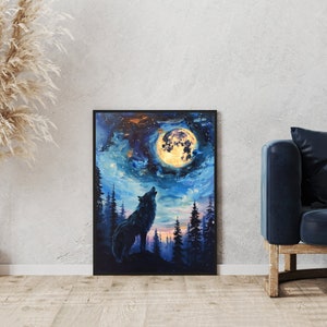 Black Wolf Full Moon Wall Art, Oil Painting, Black Wolf Landscape ...