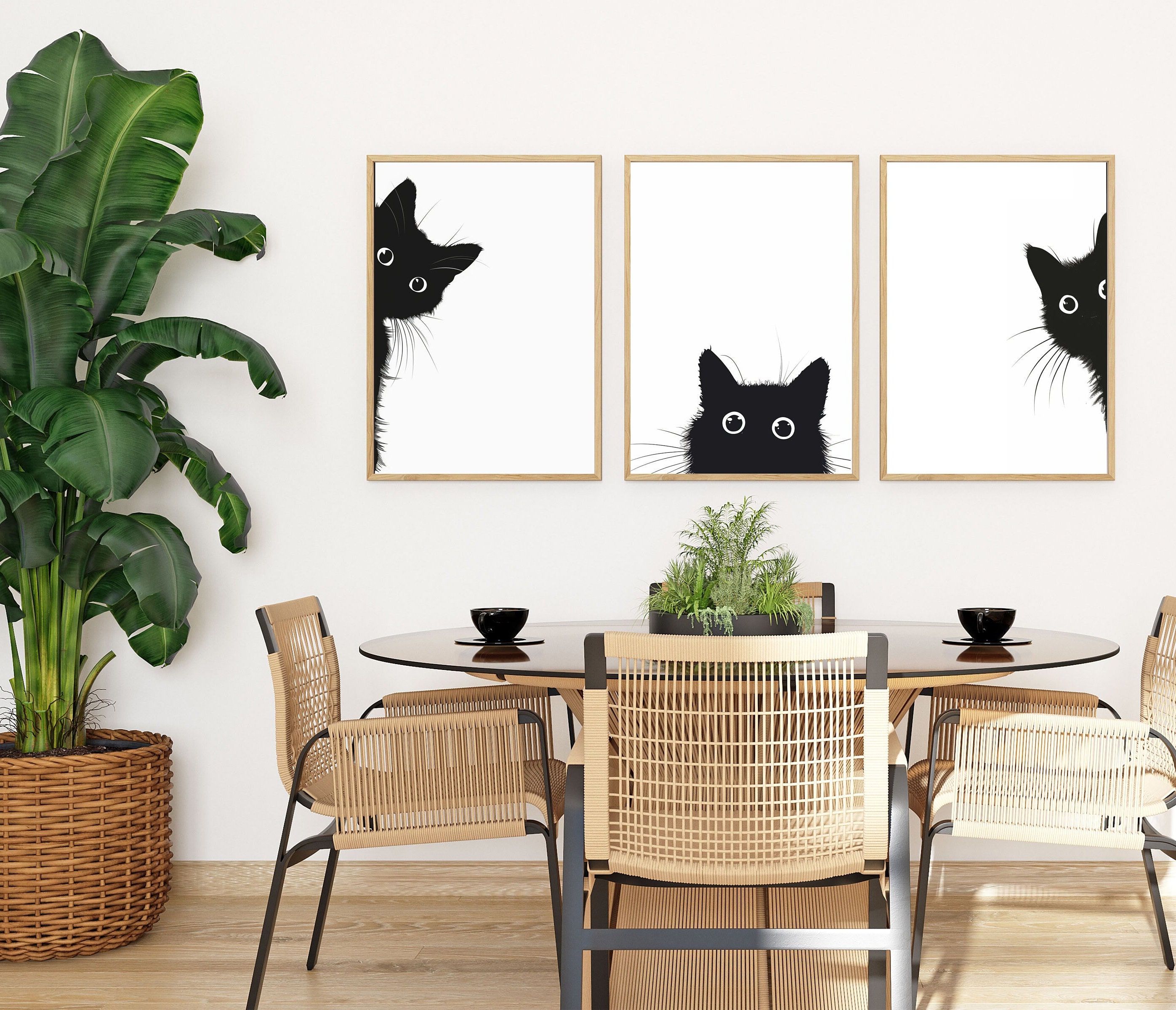 Set of 3 Peeking Black Cat Print Wall Art Poster, Black and White Cat ...