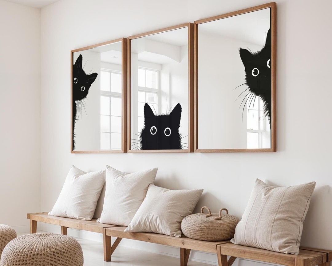 Set of 3 Peeking Black Cat Print Wall Art Poster, Black and White Cat ...