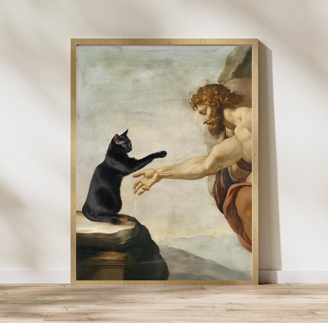 Creation of Adam With Black Cat – Classical Art Parody Poster, Funny ...