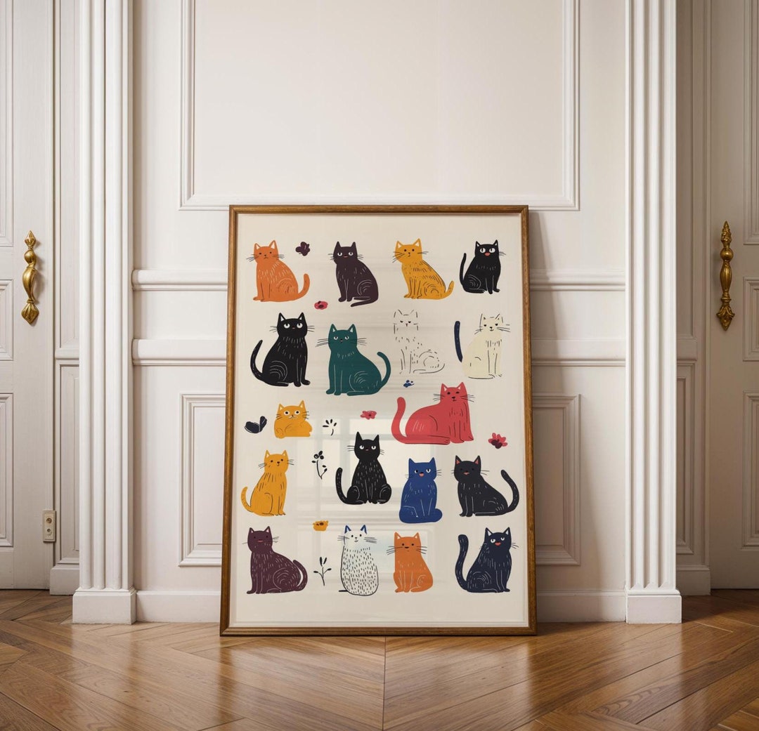 Kids Classroom Art, Drawn Cat Portrait, Digital Printable Cat Portrait Wall Art, Cat Lover Gift ...