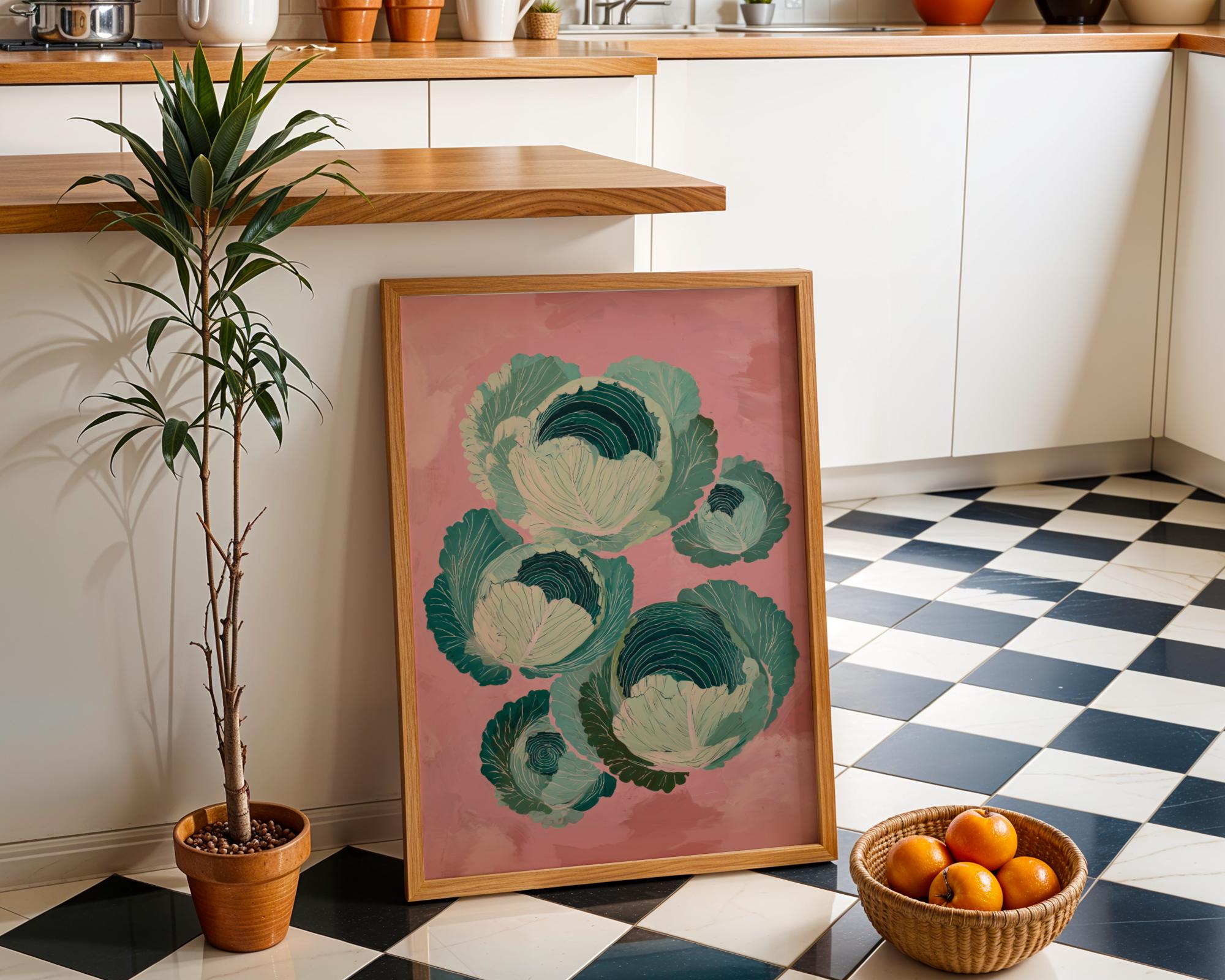 Green Cabbage Wall Art, Green Vegetable Print, Rustic Kitchen Decor ...