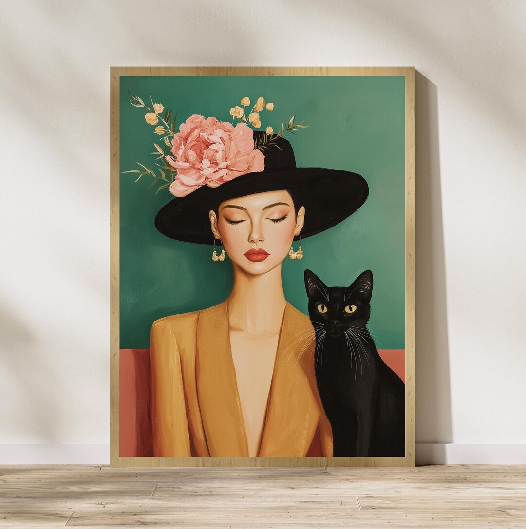 Chic Female Portrait With Cat Art, Artistic Lady and Cat Print, Black ...