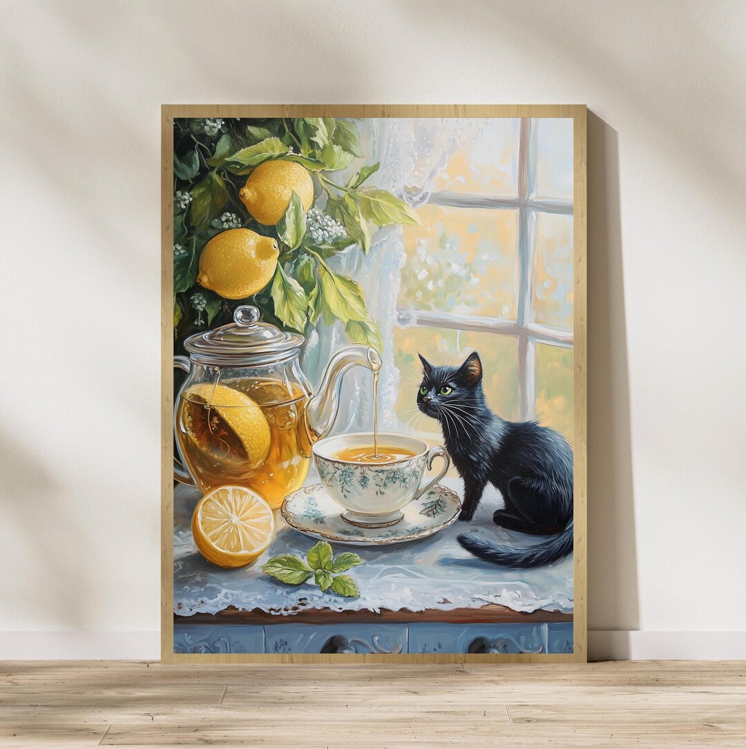 Black Cat and Lemon Still Life Painting, Whimsical Still Life Painting ...