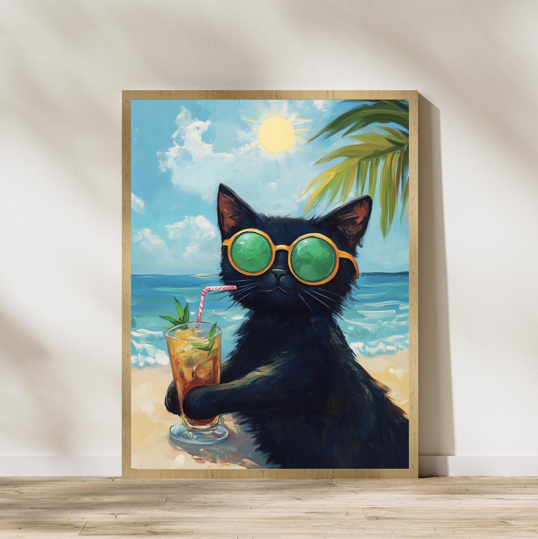 Sunbathing Cat Art Print, Black Cat Digital Poster, Black Cat Oil ...