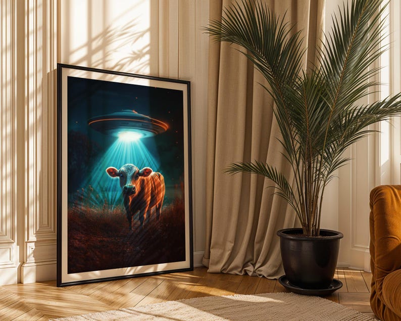 Cow Alien Abduction Art Print, Vintage UFO Print, Digital Download ...