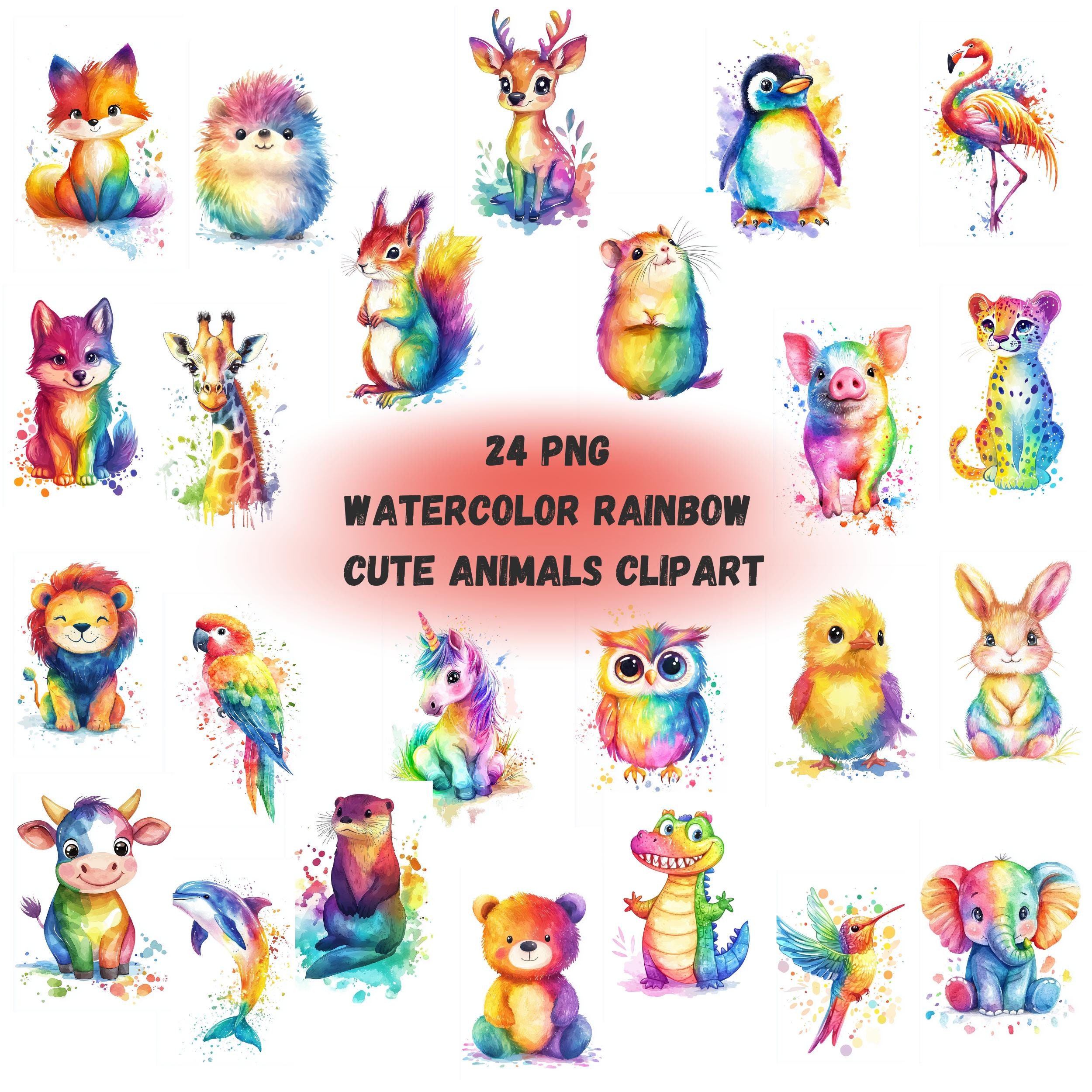 Watercolor Rainbow Animals Clipart, Colorful Animals Design, Cute ...
