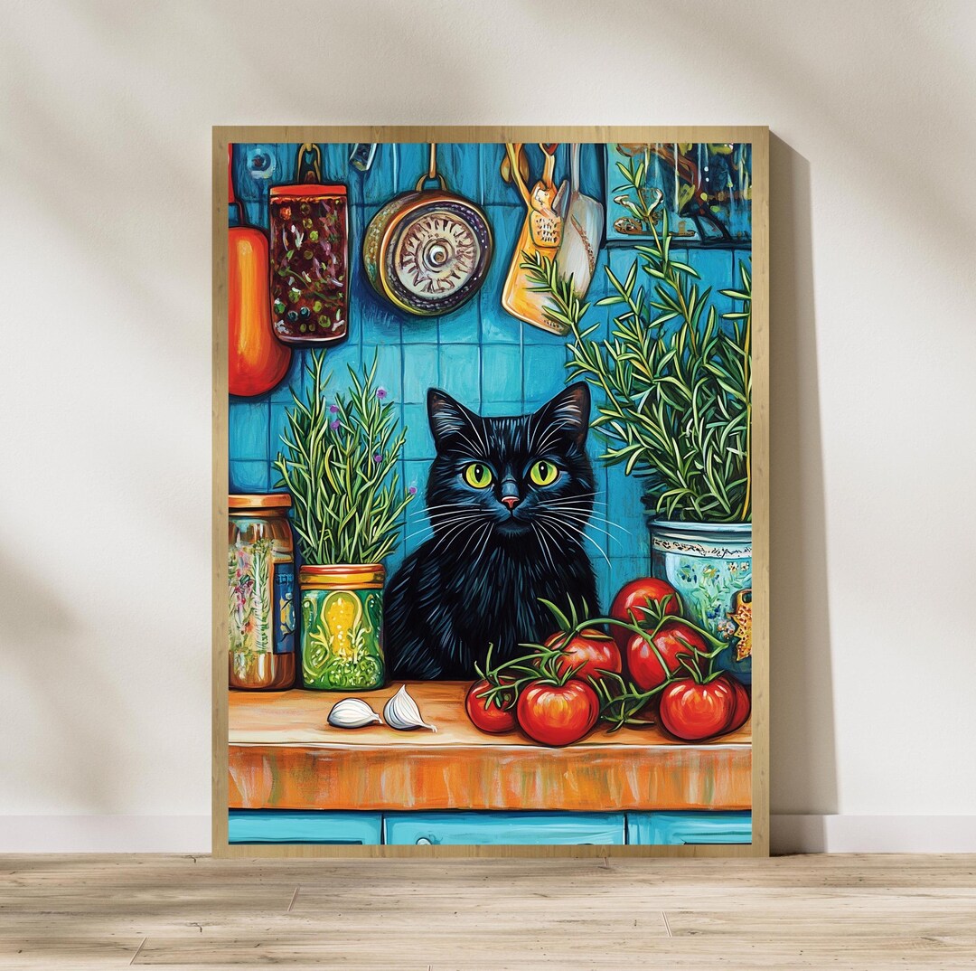 Whimsical Black Cat Kitchen Art, Animal Wall Art, Farmhouse Kitchen ...