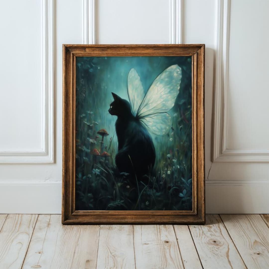 Mystical Black Cat Fairy Wall Art, Dark Forest Fantasy Print, Magical ...
