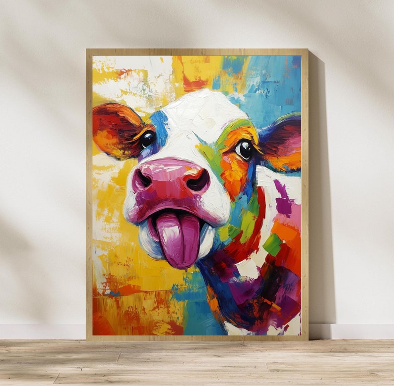 Colorful Bull Painting, Playful Bull With Tongue Out, Abstract Bull ...