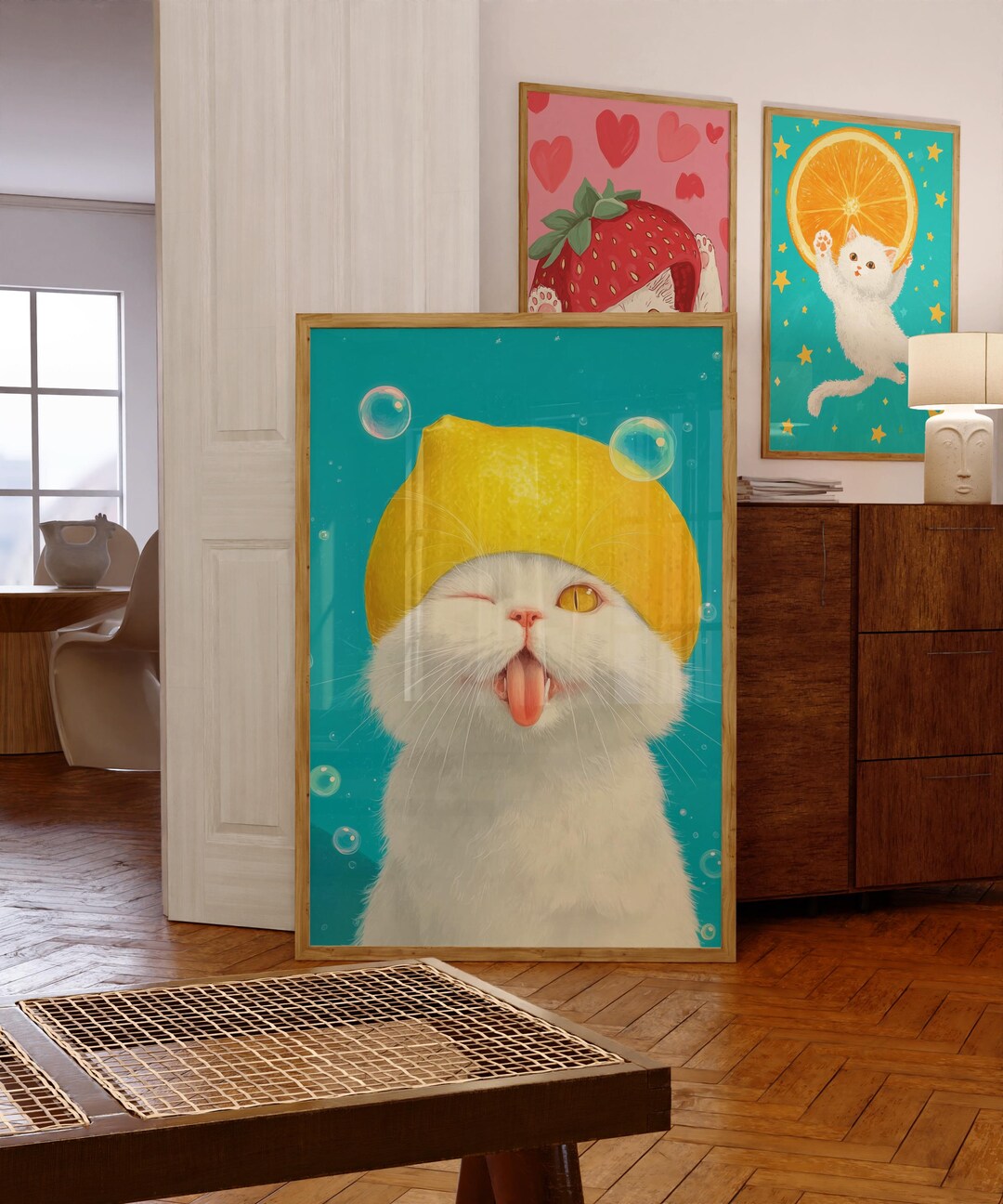 Funny Lemon Hat White Cat Art Print, Whimsical Animal Wall Art, Cute ...