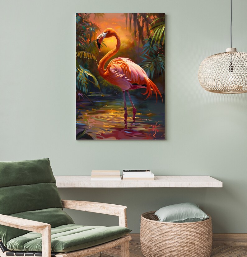 Flamingo Sunset Poster, Oil Painting, Printable Flamingo Wall Art ...