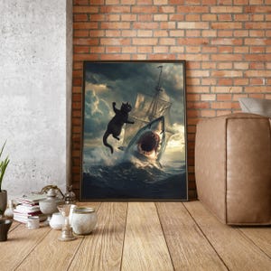 Black Cat in a Sea Battle With Shark Wall Art, Stunning Digital Wall ...