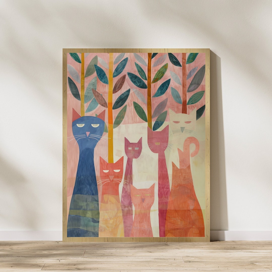 Colorful Cat Wall Art, Oil Painting, Trendy Cute Apartment Decor, Cat ...