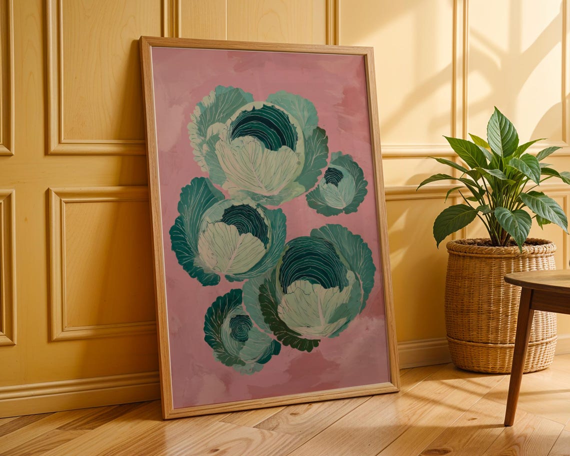 Green Cabbage Wall Art, Green Vegetable Print, Rustic Kitchen Decor ...