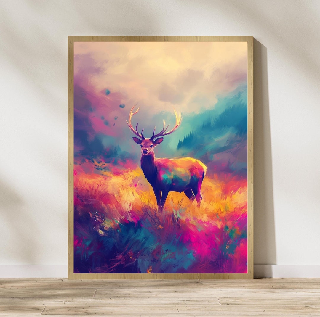 Colorful Stag Art Print, Colorful Deer Painting, Colorful Animal Wall ...