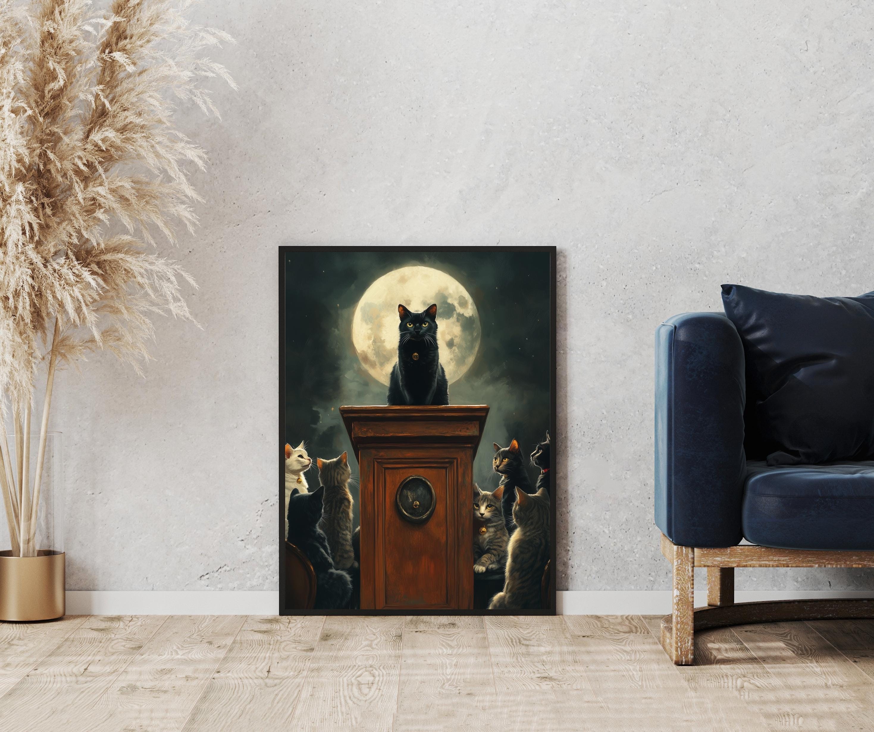 Full Moon Cat Illustration, Whimsical Cat Gathering Art, Black Cat and ...