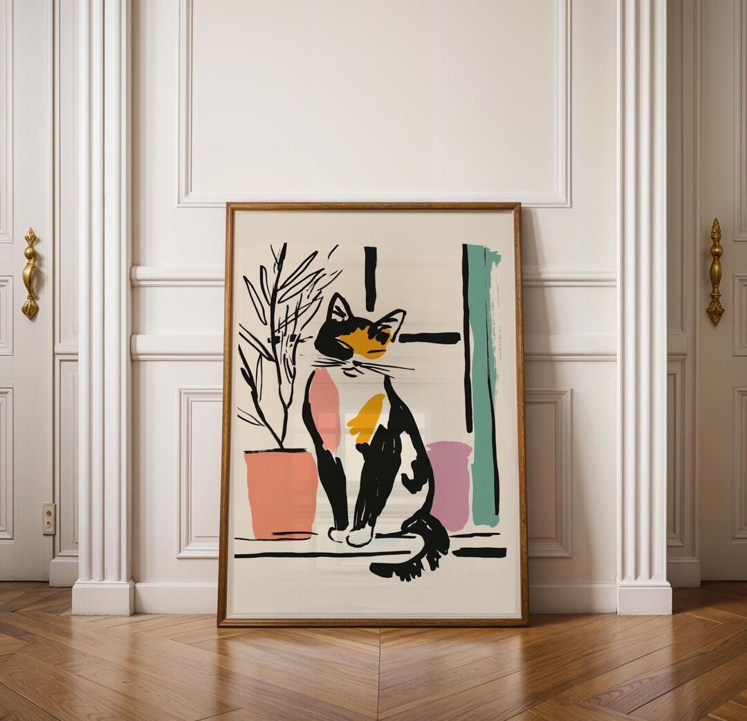 Calico Kitty in Window Art Print, Modern Calico Cat Poster, Line Art ...