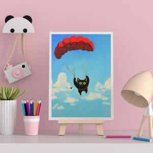 Black Cat Parachuting Art Print, Whimsical Black Cat Decor, Matisse ...