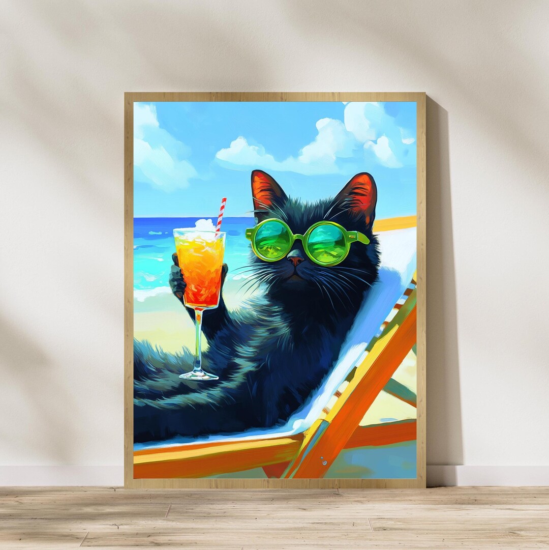 Sunbathing Cat Art Print, Black Cat Digital Poster, Black Cat Oil ...