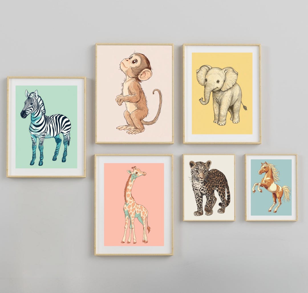 Colorful Safari Animal Prints for Nursery, Zebra, Elephant, Giraffe ...