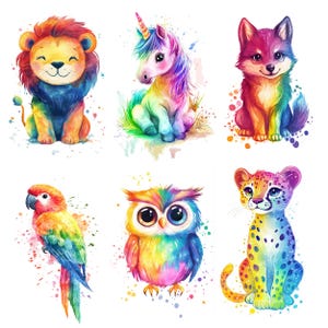 Watercolor Rainbow Animals Clipart, Colorful Animals Design, Cute ...