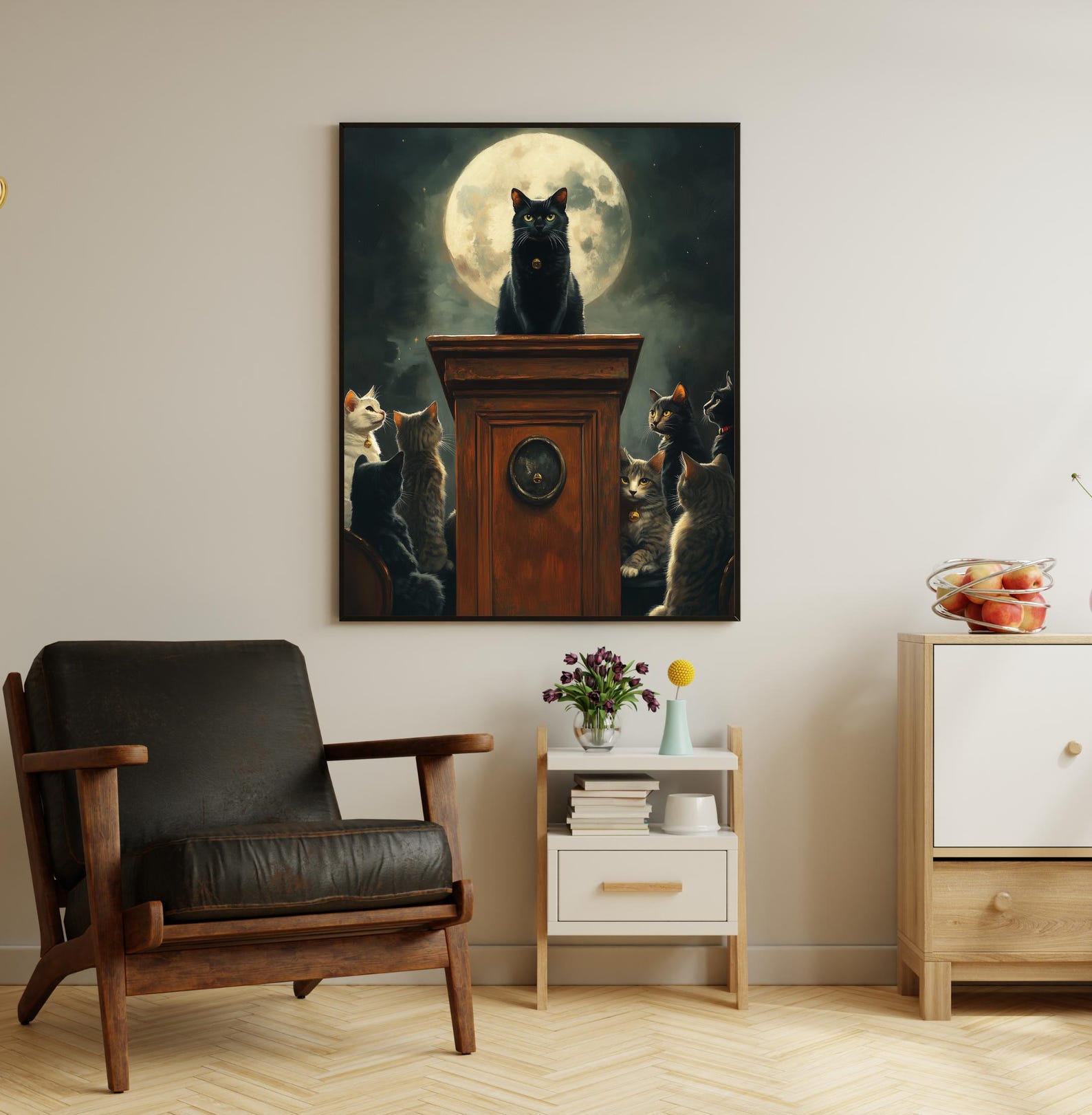 Full Moon Cat Illustration, Whimsical Cat Gathering Art, Black Cat and ...