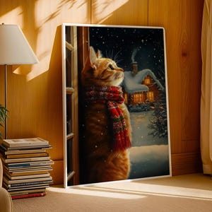 Orange Cat in Scarf Art, Holiday Wall Decor, Festive Cat Wall Art ...