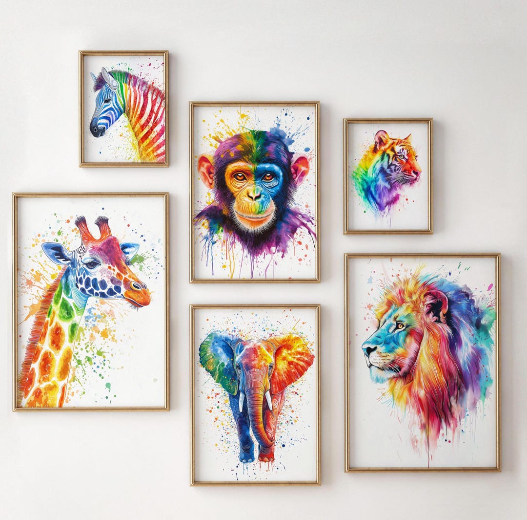 Set of 6 Safari Animals Watercolor Printable Art, Colorful Painting ...