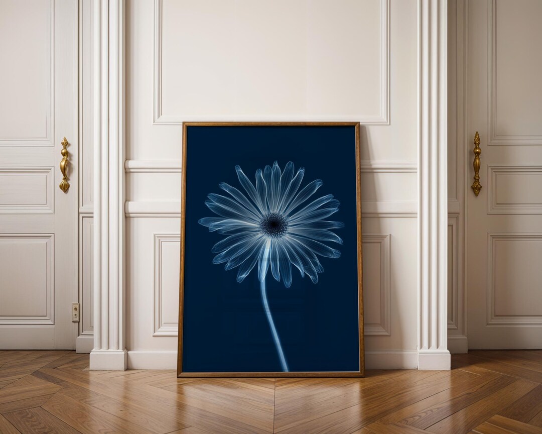 X-ray Daisy Flower Wall Art Print, Minimal Blue Botanical Poster ...